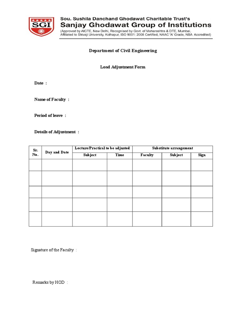 Department of Civil Engineering: Load Adjustment Form | PDF
