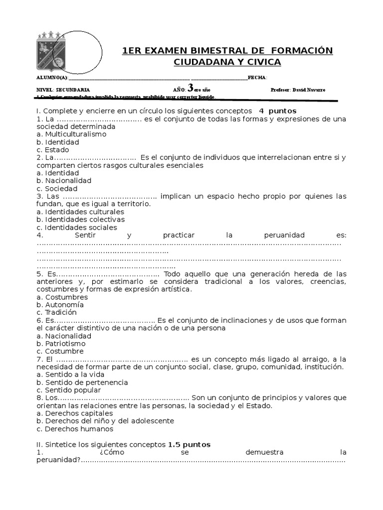 1er Examen Bimestral De Formación Ciudadana Y Civica 3er Año Pdf