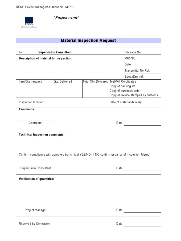 DECO PMB - MIR01 - Material Inspection Request | PDF