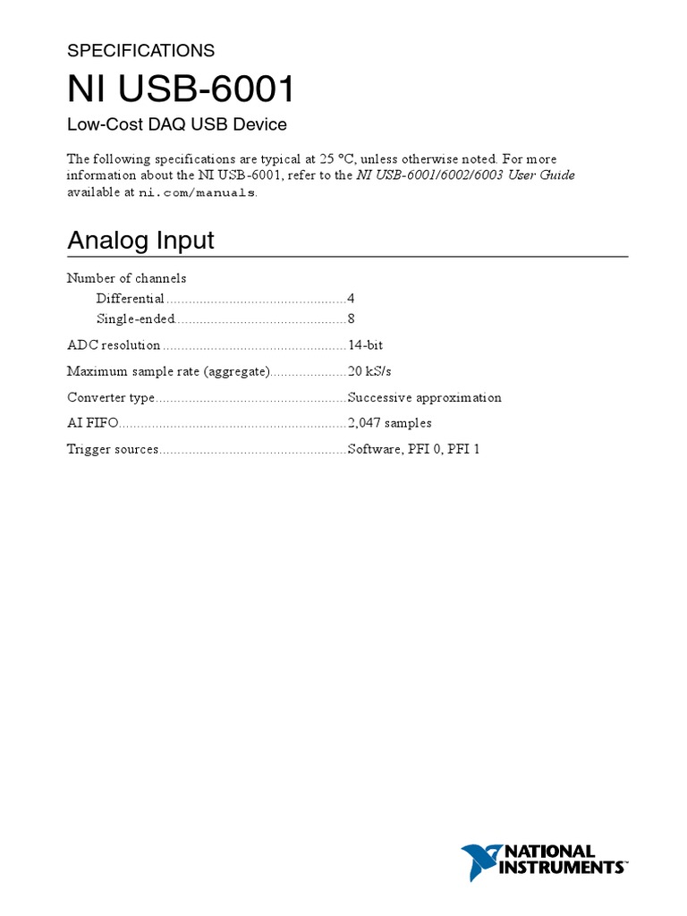 NI USB-6001 Datasheet | PDF | Electromagnetic Compatibility | Electrical Engineering