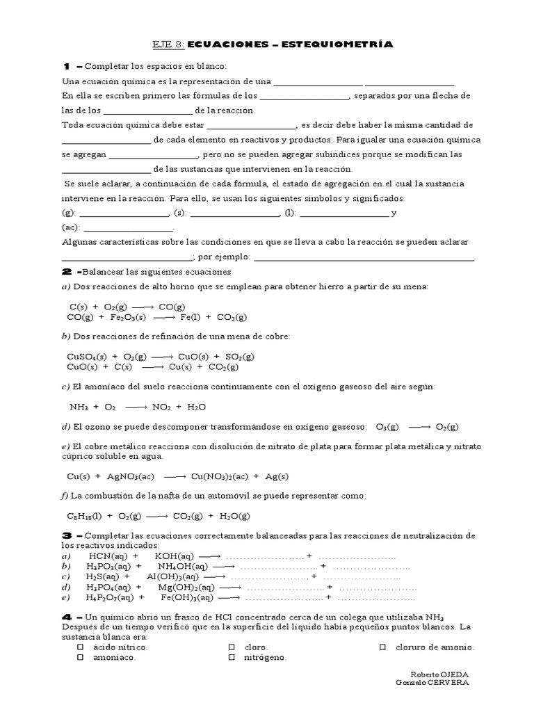 EJE 8 - Ecuaciones, Estequio | PDF | Reacciones químicas | Ácido ...