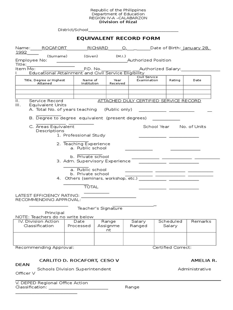 Equivalent Record Form: (Surname) (Given) (M.I.) | PDF | Government ...