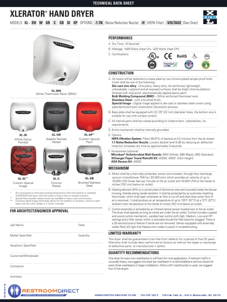 Excel Dryer XLERATOR Spec Sheet | PDF | Paint | Stainless Steel