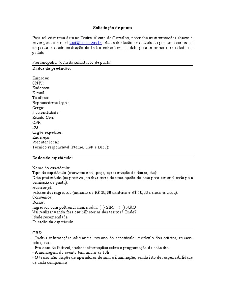 Modelo de Solicitação de Pauta