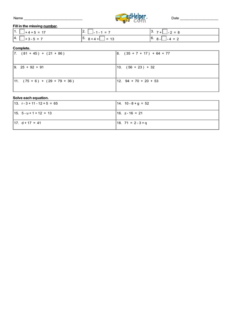 Math Practice Worksheet: Missing Numbers, Equations, and Word Problems ...
