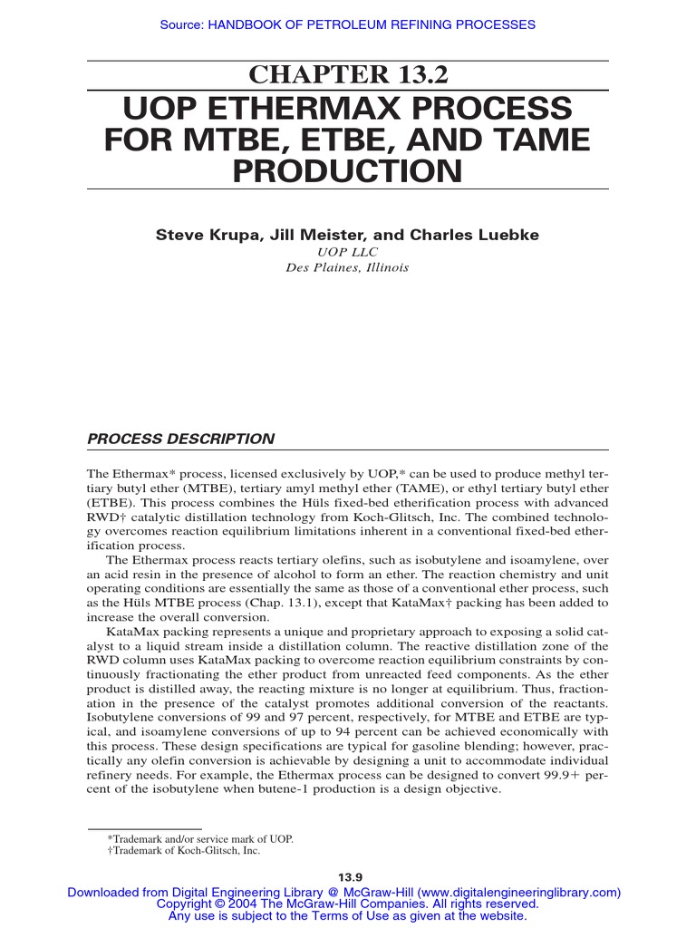 Uop Ethermax Process For Mtbe, Etbe, and Tame Production: Steve Krupa ...