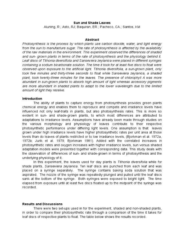 Sun and Shade Leaves | PDF | Chlorophyll | Photosynthesis