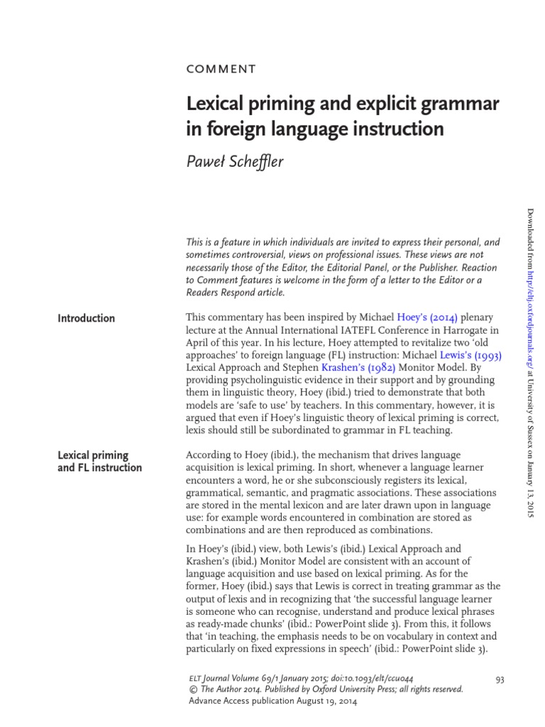 Lexical Priming Explicit Instruction Scheffler ELTJ2015 | PDF | Second ...