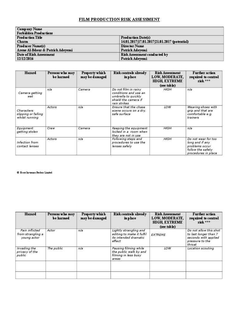 Film Production Risk Assessment Form | PDF | Cosmetics | Risk