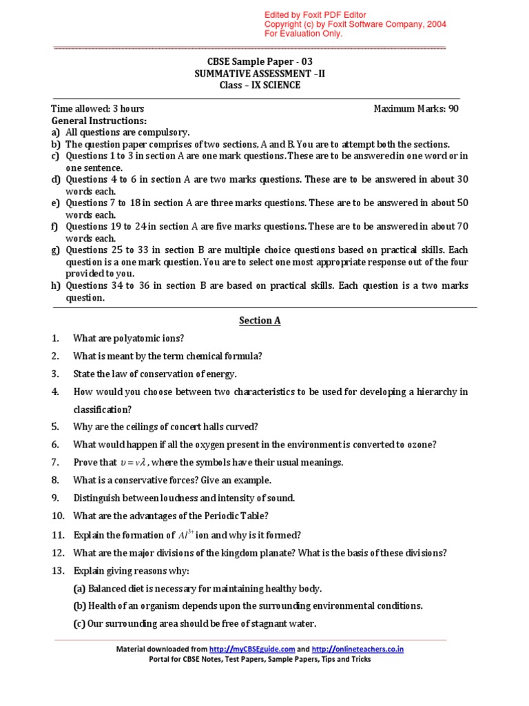 CBSE Sample Paper - 03 Summative Assessment - Ii Class - Ix Science | PDF | Sound | Waves