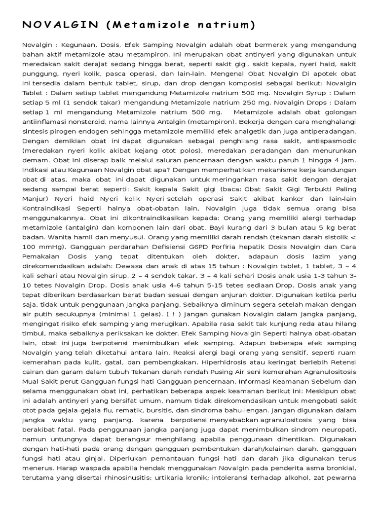 Obat Antinyeri Novalgin: Kandungan, Indikasi, Dosis, dan Efek ...