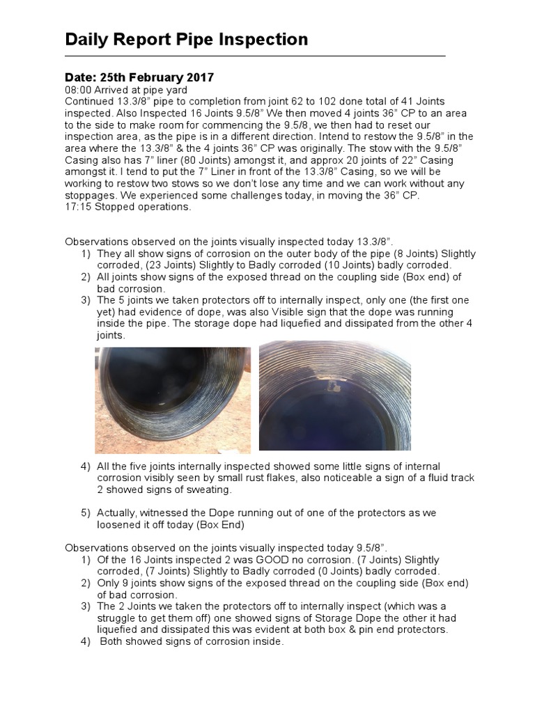 Daily Report Pipe Inspection: Date: 25th February 2017 | PDF | Rust ...