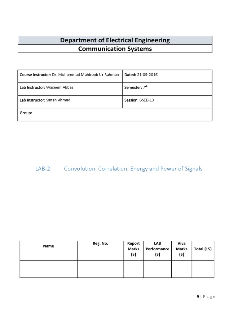 Department of Electrical Engineering Communication Systems: LAB-2 Convolution, Correlation ...