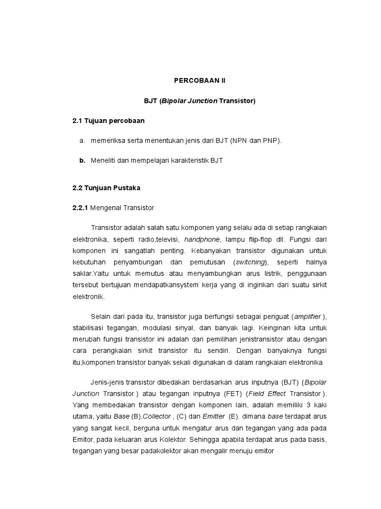 Percobaan Ii BJT (Bipolar Junction Transistor) 2.1 Tujuan Percobaan | PDF