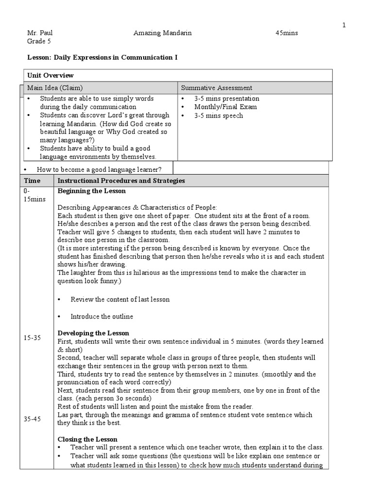 Grade 5 Mandarin Communication Lesson | PDF | Career & Growth