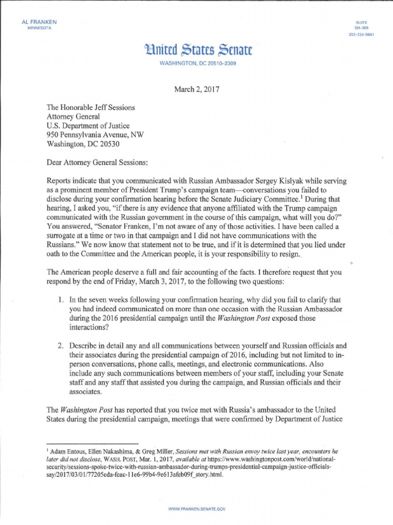 Al Franken's Letter to Jeff Sessions on Russia | PDF | Donald Trump ...