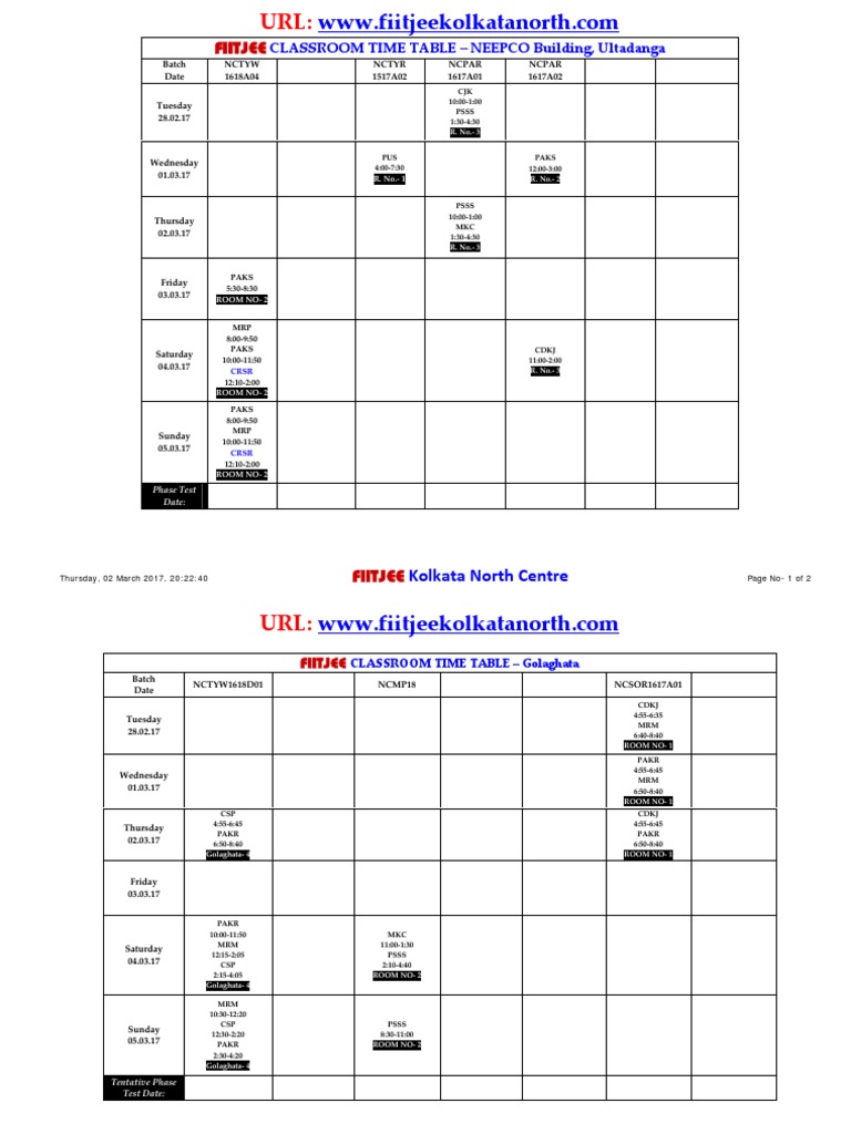 Fiitjee: CLASSROOM TIME TABLE - NEEPCO Building, Ultadanga | PDF