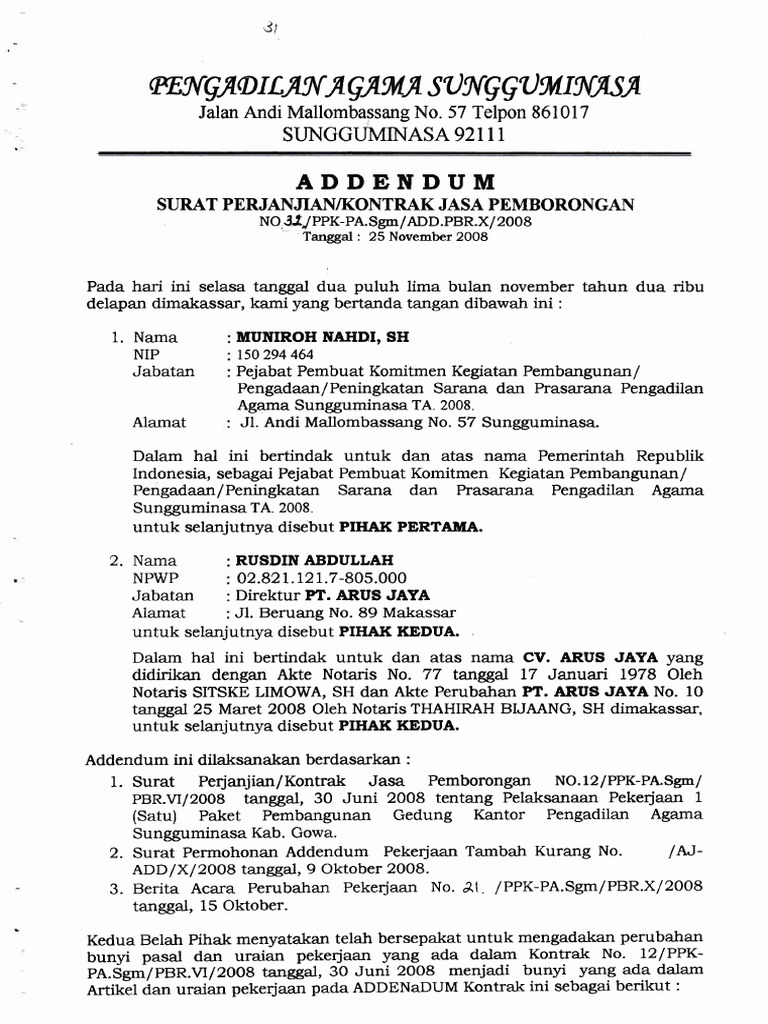 Contoh Surat Addendum Penambahan Pasal Contoh Surat Addendum Kontrak - Riset