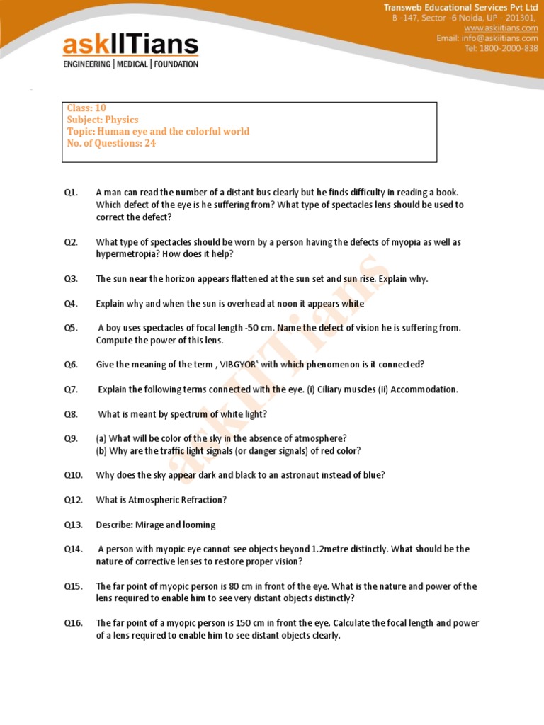 Physics Human Eye and Colorful World Questions | PDF | Lens (Optics ...
