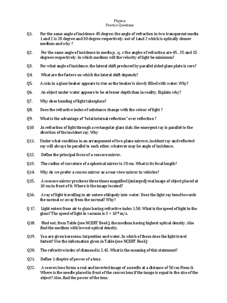 Physics Light Questions | PDF | Lens (Optics) | Refraction