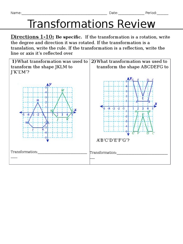 Transformations Review Sheet Pdf Shape Cartesian Coordinate System