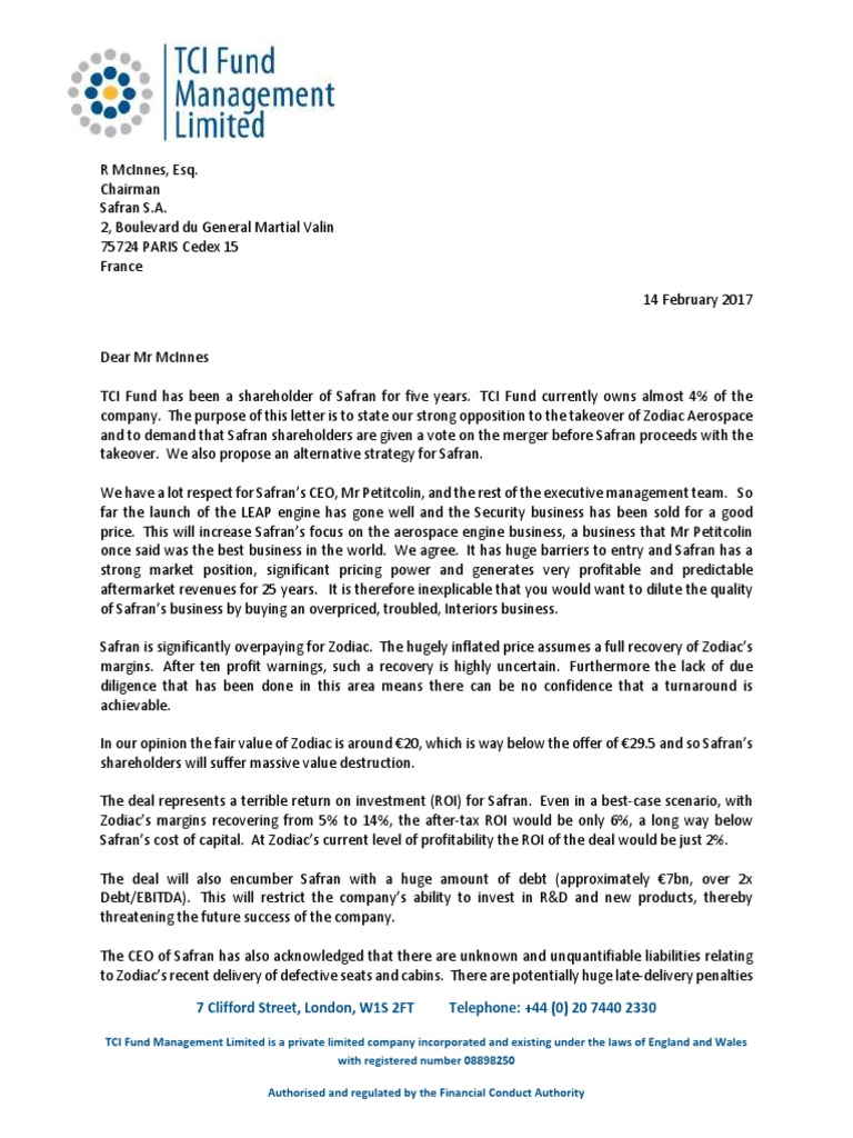TCI Letter To Safran Chairman 2017-02-14 | PDF | Mergers And ...