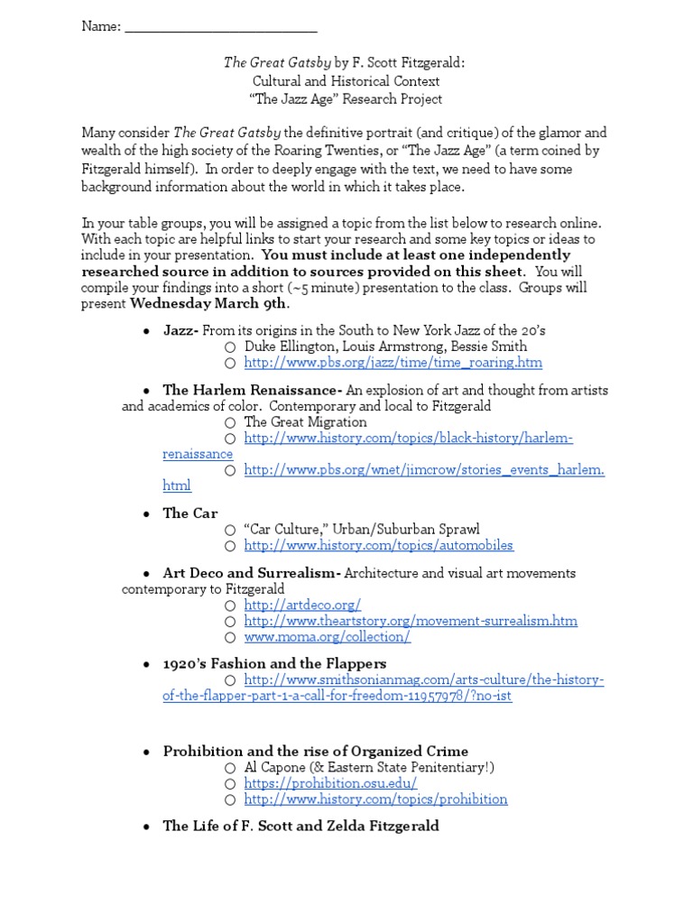 The Great Gatsby: Jazz Age Research Guide | PDF | F. Scott Fitzgerald ...