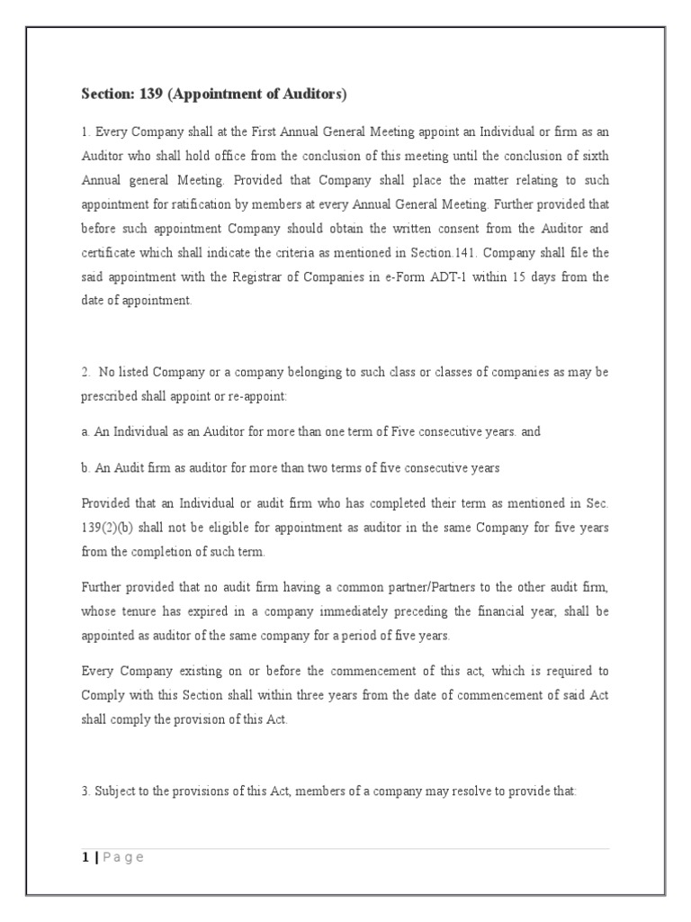 Section: 139 (Appointment of Auditors) | PDF | Auditor's Report ...
