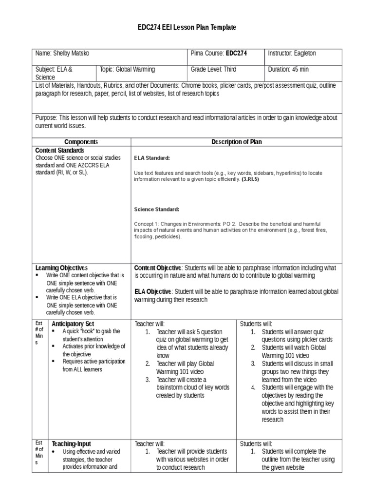edc274 eei lesson plan-technology global warming | Lesson Plan | Vocabulary