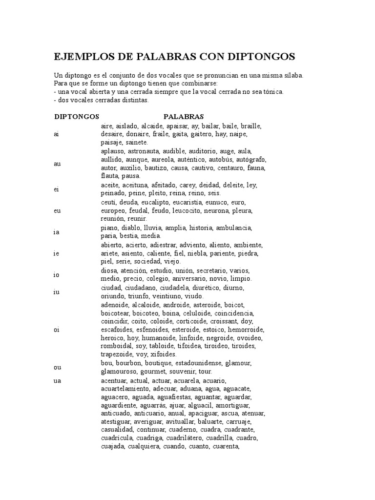 Ejemplos de Palabras Con Diptongos | PDF | Fonología | Comunicación oral