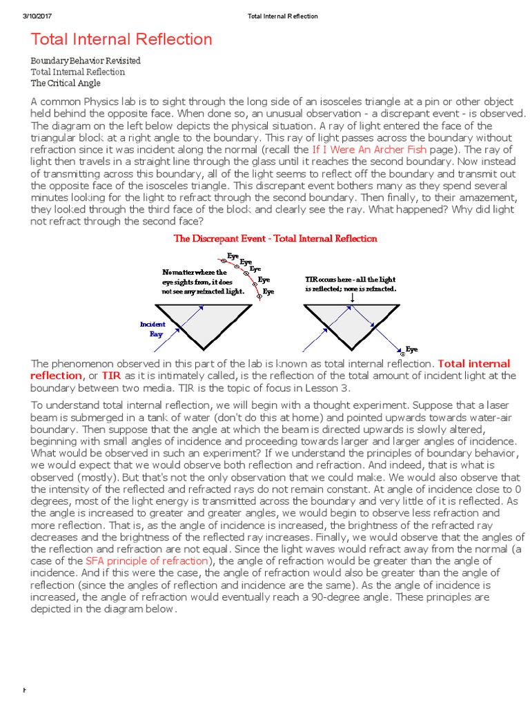 Total Internal Reflection | PDF | Reflection (Physics) | Refraction