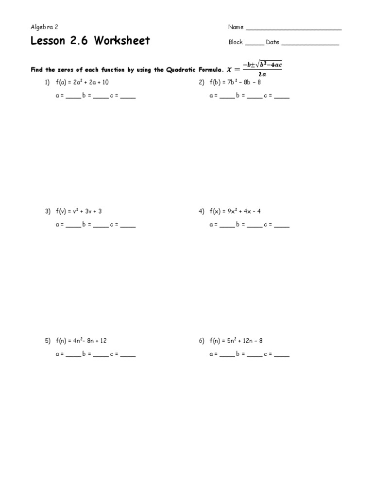 Lesson 2.6 Worksheet: Find The Zeros of Each Function by Using The ...