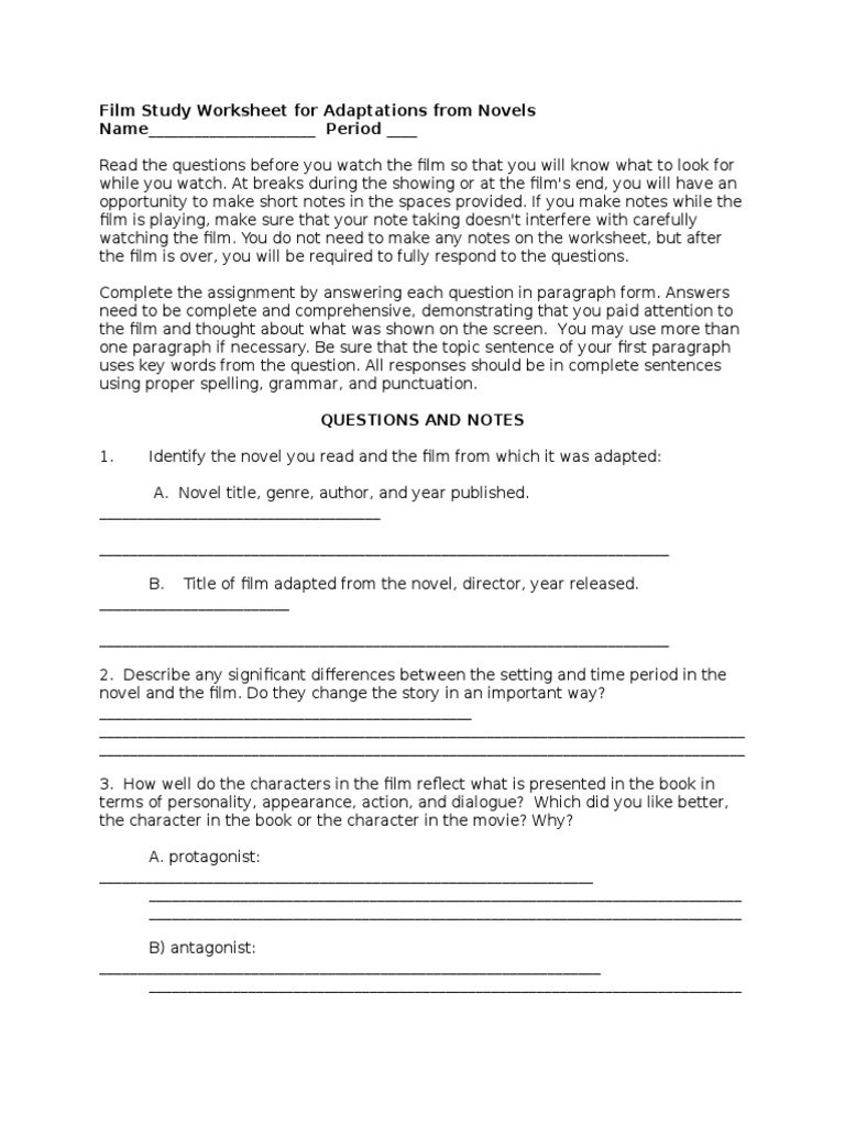 Film Study Worksheet Adaptations | PDF | Foreign Language Studies