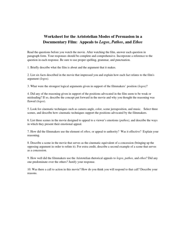 Film Study Worksheet Documentary Logos Pathos Ethos | PDF | Logos | Reason