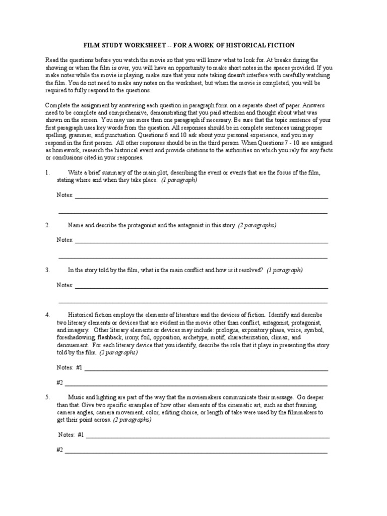 Film Study Worksheet Social Studies | PDF | Paragraph