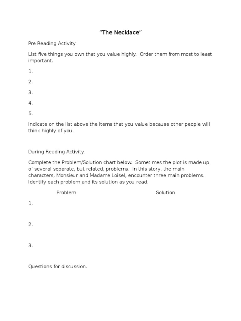"The Necklace" Study Guide Activities | PDF | Jewelry | Design