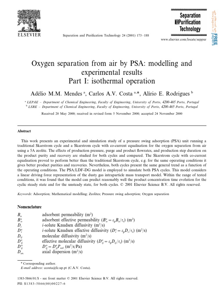 Oxygen Separation From Air by PSA Modelling and Experimental Results | PDF | Adsorption | Diffusion