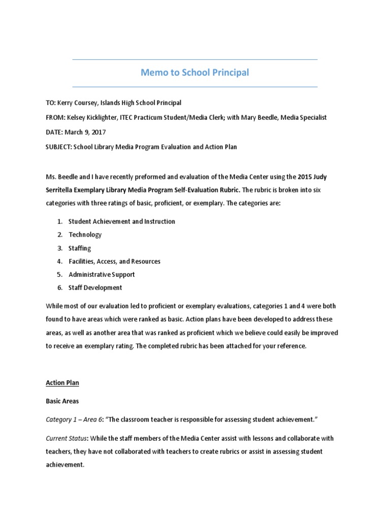 Program Evaluation - Memo to School Principal | School Library | Teachers