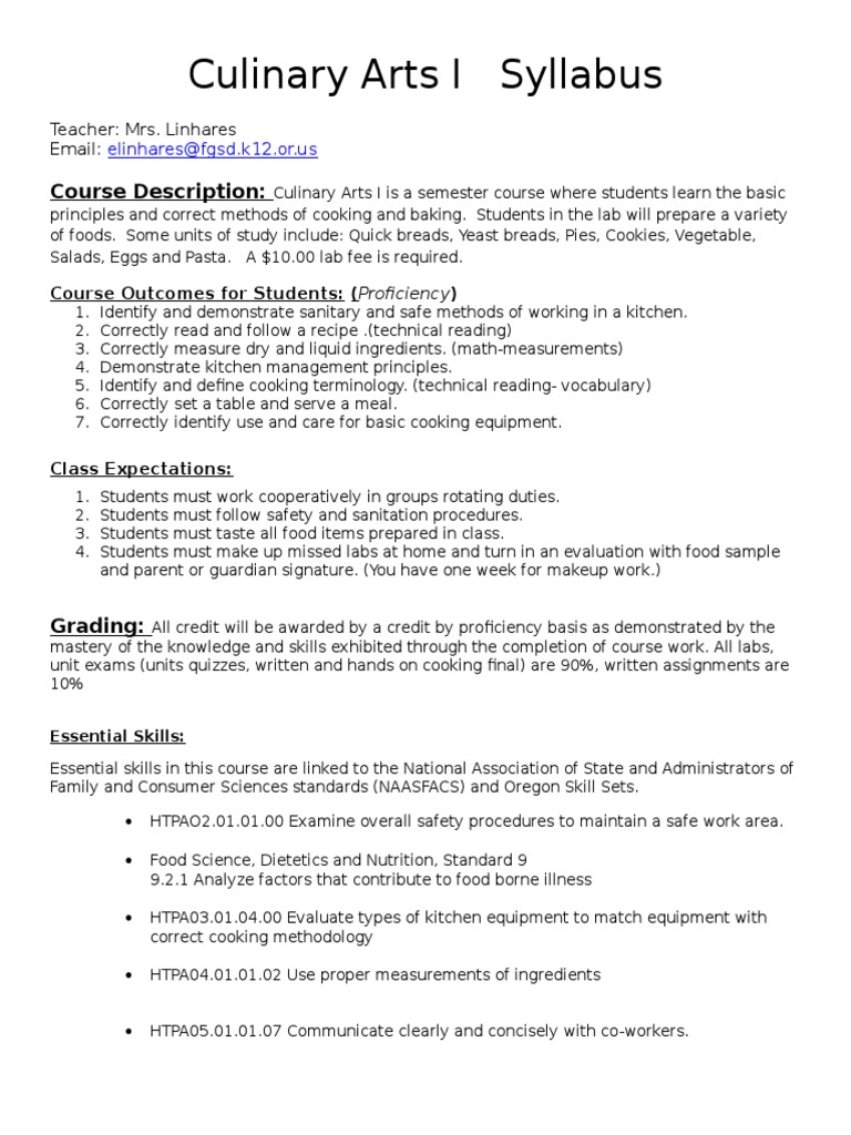 culinary arts i syllabus revised 2011-12 update | Cooking | Food & Wine