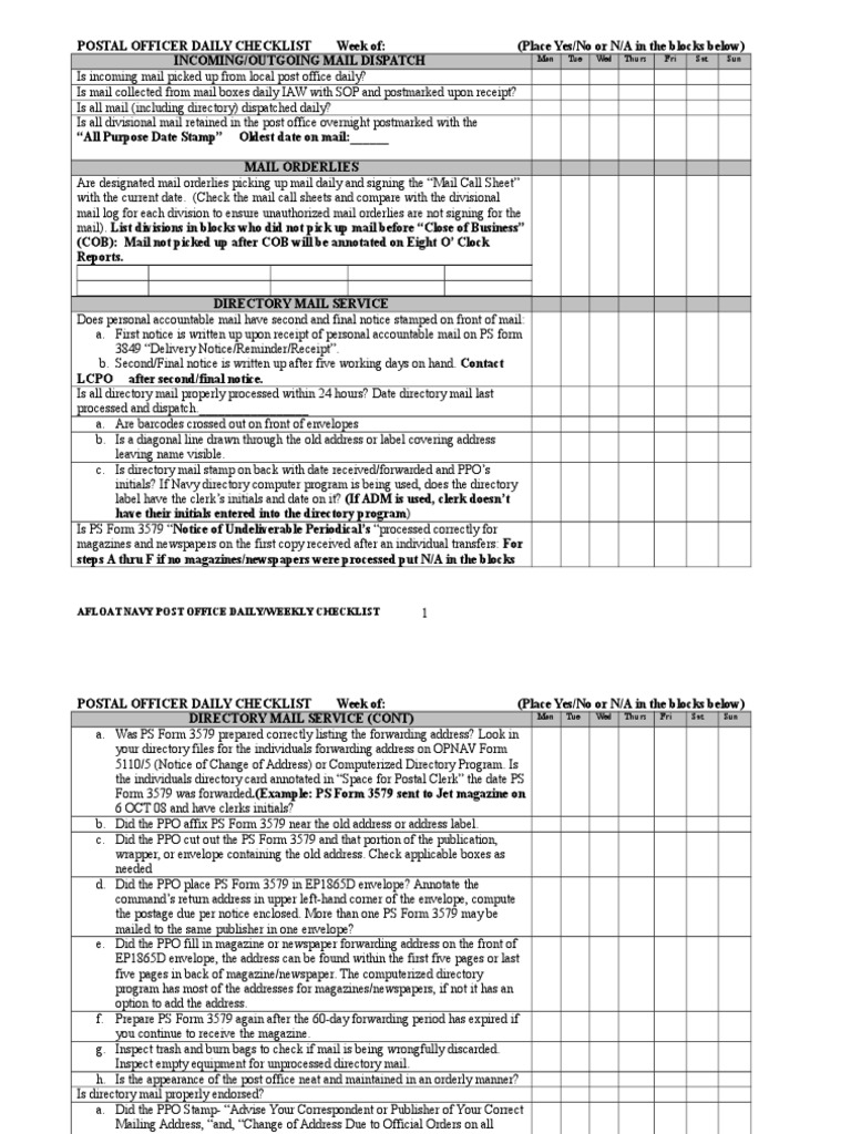 Dailyweekly Checklist | PDF | Mail | United States Postal Service