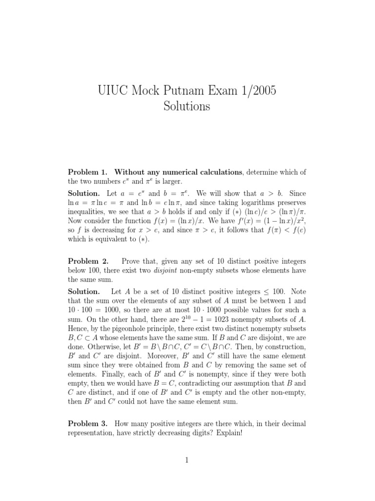 UIUC Mock Putnam Exam 1/2005 Solutions | PDF | Polynomial | Complex Number