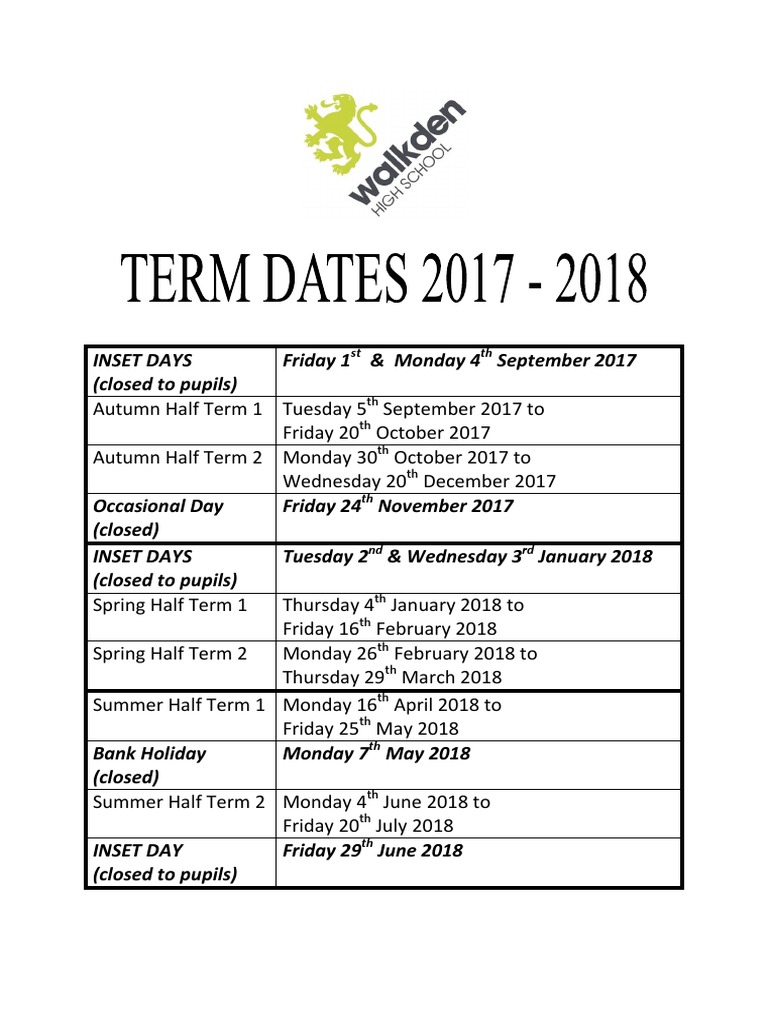 Term Dates 2017-2018 | PDF