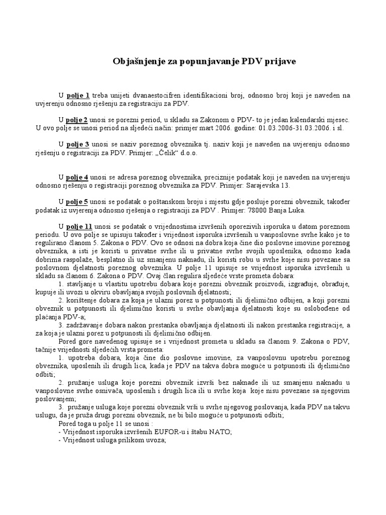 Uputstvo Za Popunjavanje PDV Prijave PDF | PDF