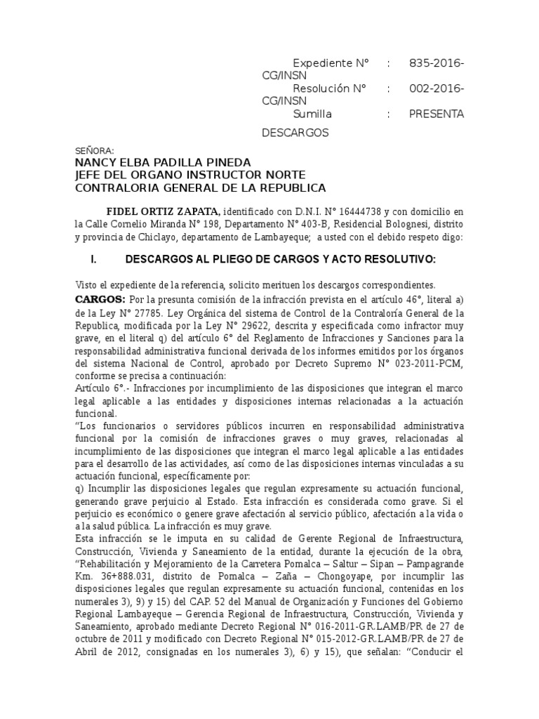 Escrito de Descargo Ante La Contraloria General de La Republica | PDF | Regulación | Pena capital