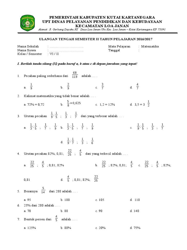 Soal UTS MTK Kelas 6 | PDF
