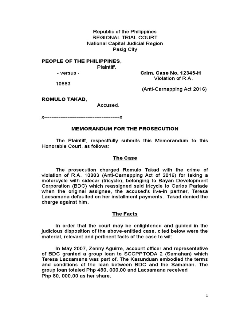 Midterms Trial Memorandum Prosecution People v Takad | Witness | Testimony