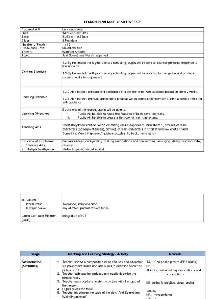 14th February Language Arts - Lesson - Plan - Format Draft | PDF ...