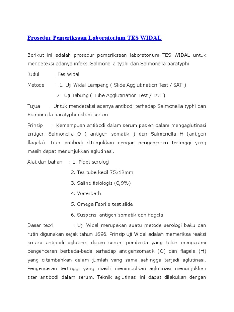 Prosedur Pemeriksaan Laboratorium TES WIDAL | PDF