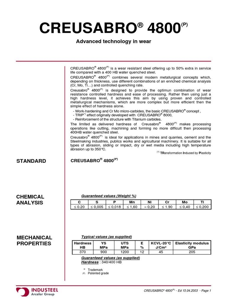 Material Creusabro 4800 | PDF | Steel | Wear