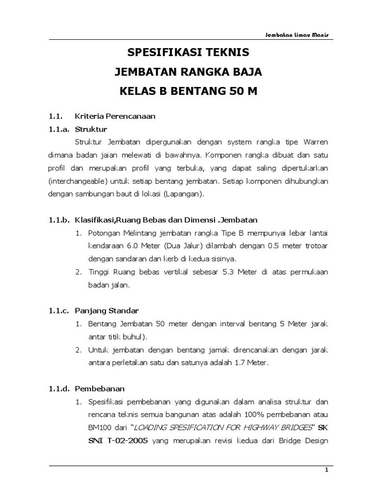 Spesifikasi Teknis Jembatan Rangka Baja Kelas B Bentang 50 M | PDF